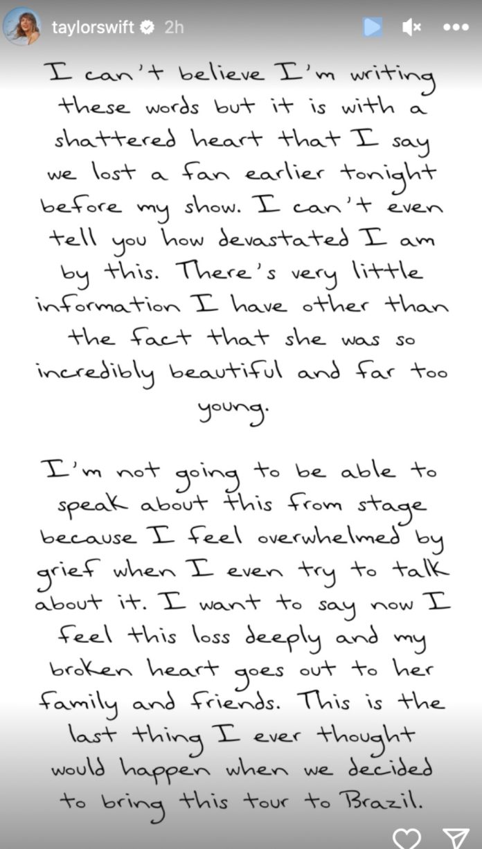 Taylor Swift says she's "devastated" by death of fan before concert ...